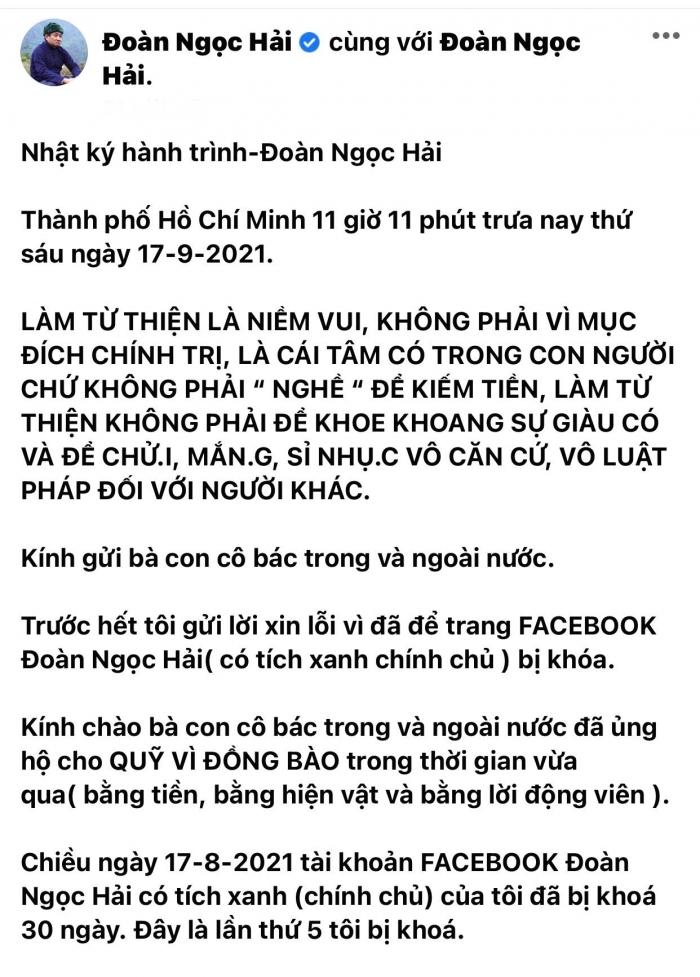 Sau 1 tháng ‘bay màu’ khỏi Facebook,ông Đoàn Ngọc Hải chính thức lên tiếng về ồn ào ăn chặn từ thiện